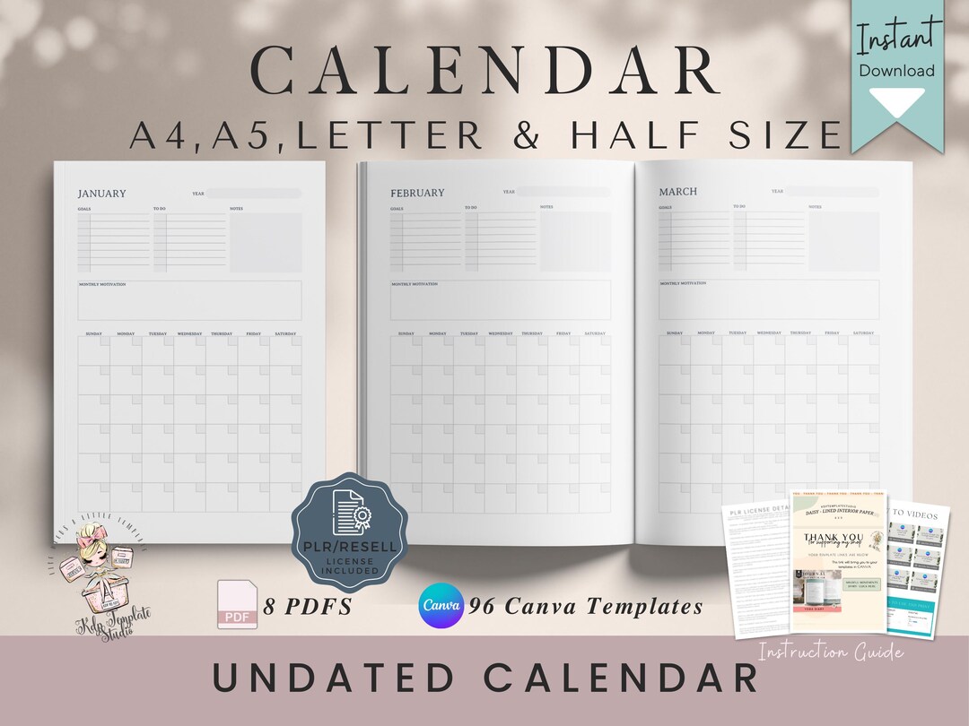 12-month Undated Monthly Calendar Planner | A4, A5, Letter, Half Letter ...