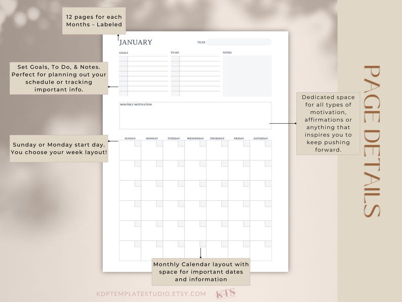 12-month Undated Monthly Calendar Planner | A4, A5, Letter, Half Letter ...