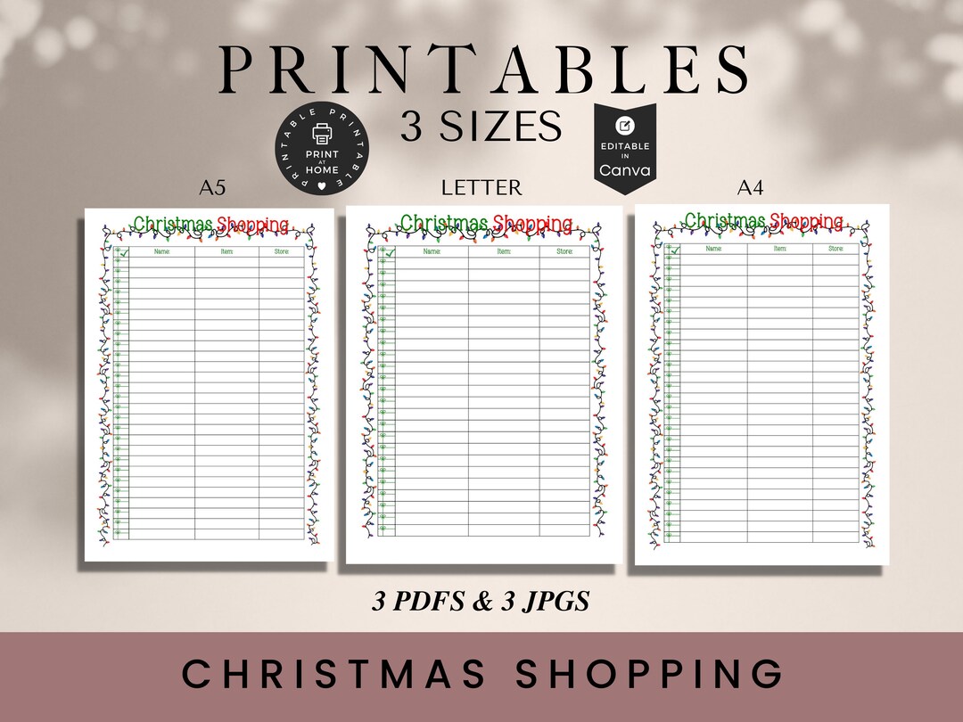 Christmas Shopping List Printable: US Letter, A4, A5 (digital Download ...