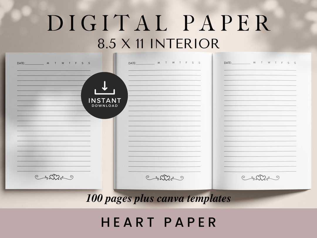 Heart Lined Paper, 8.5x11, KDP Lined Paper, Also for Digital and ...