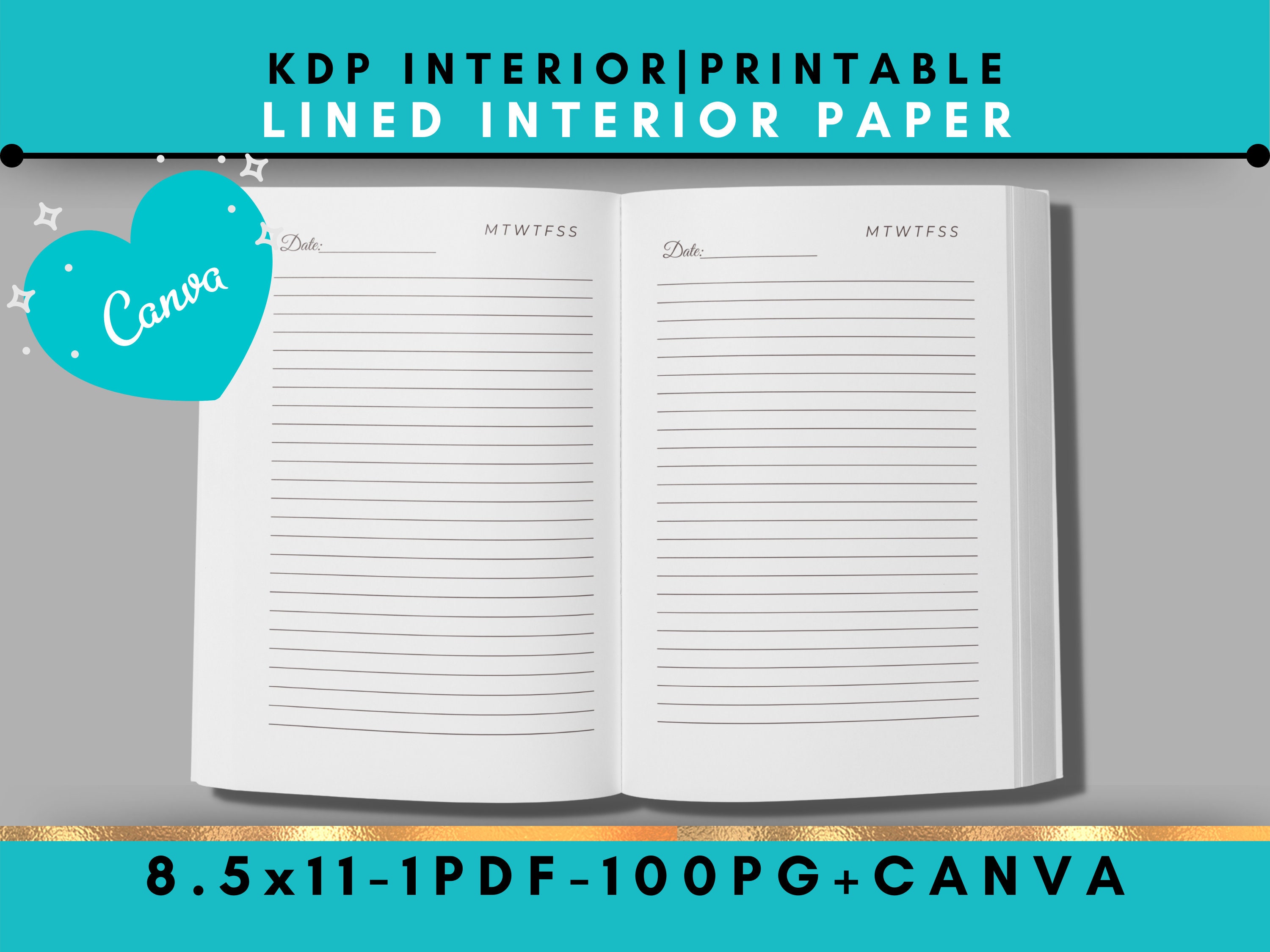 KDP Interiors Journal Paper Lined 8.5x11 including Canva Template Printable