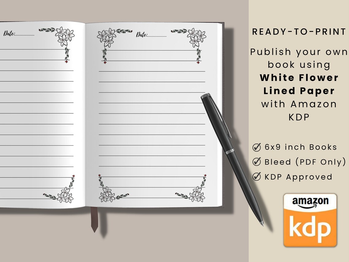 White Flower Lined Paper 6x9 KDP Lined Paper KDP Template - Etsy