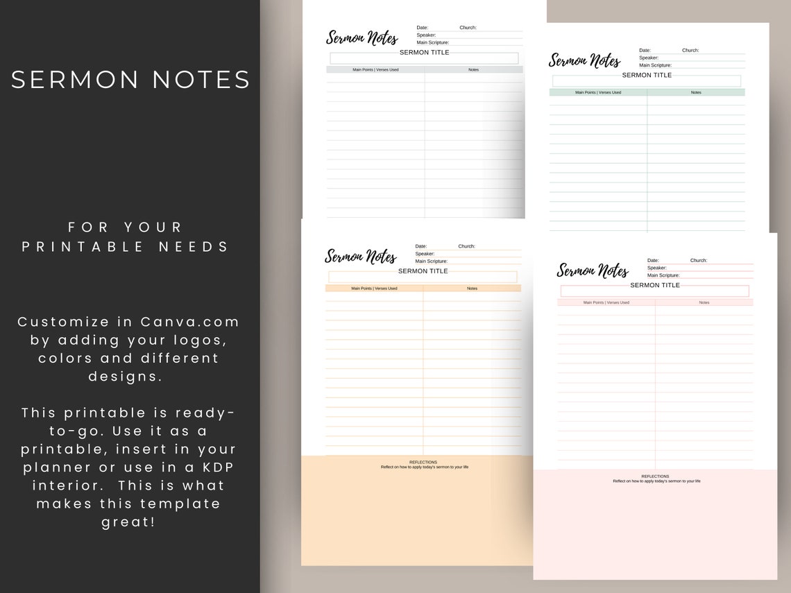 Sermon Notes Journal: Printable Bible Study, Editable Canva Template ...