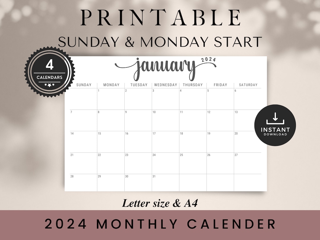 2024 Minimalist Monthly Calendar: Printable PDF, Sunday/monday Start - Etsy