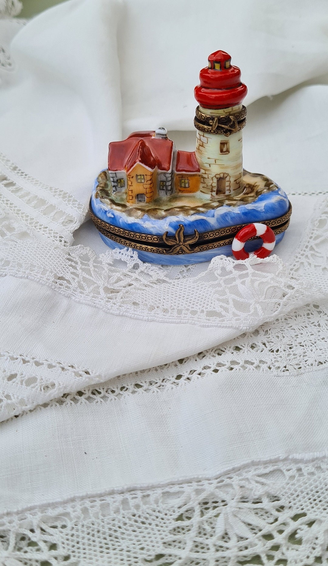 Vintage Porcelain Limoges Trinket Box Hand Painted Lighthouse and Sea ...