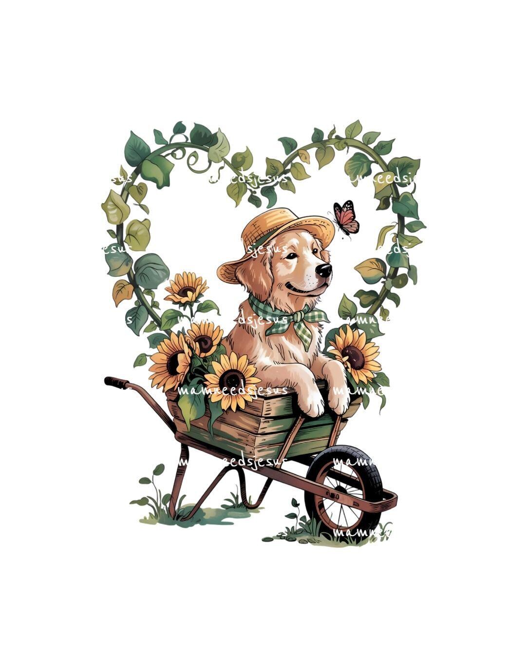 Golden Retriever Wheelbarrow PNG | Dog With Sunflowers Clipart ...