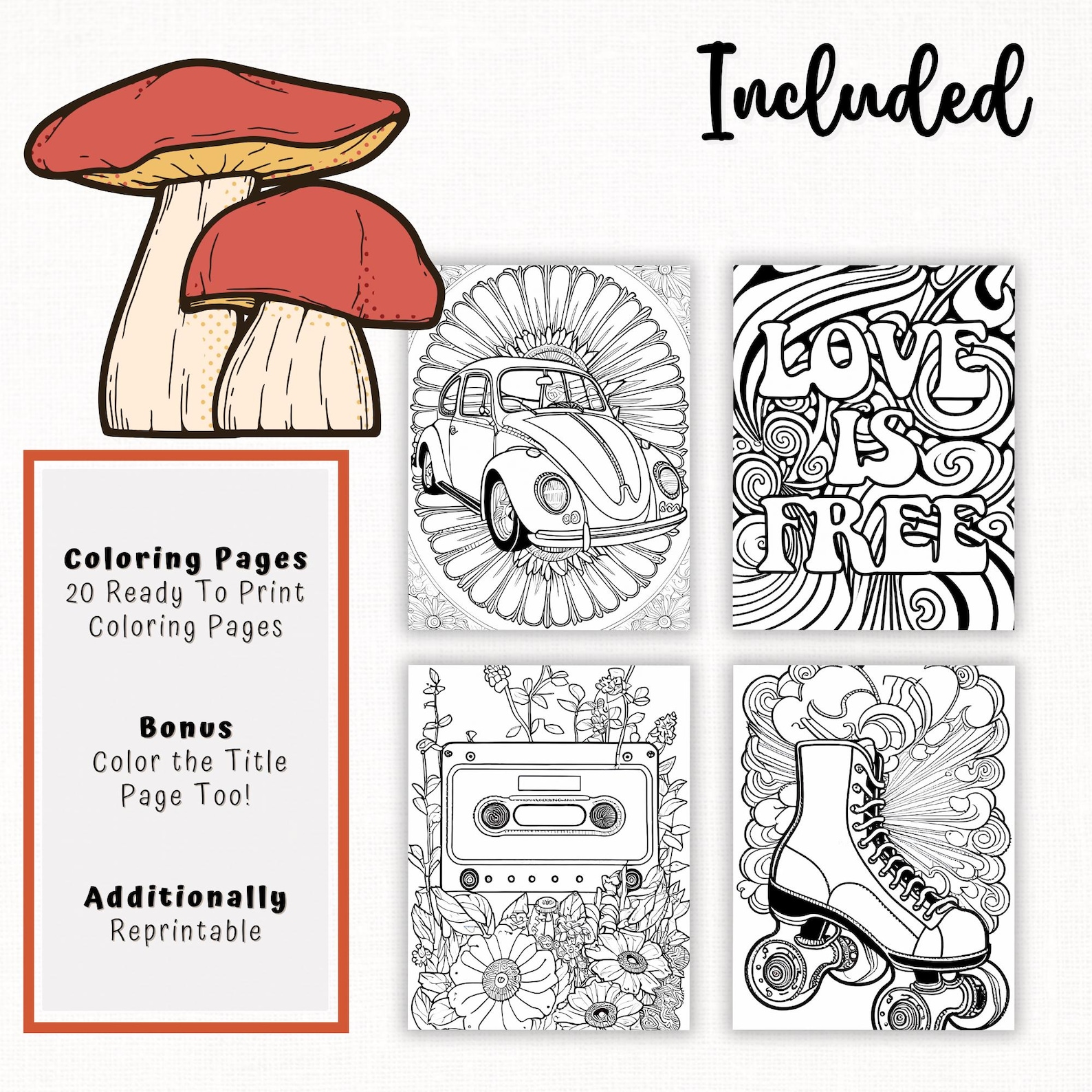 Retro Themed Coloring Pages Printable 1970s Designs for Adults, Teens ...
