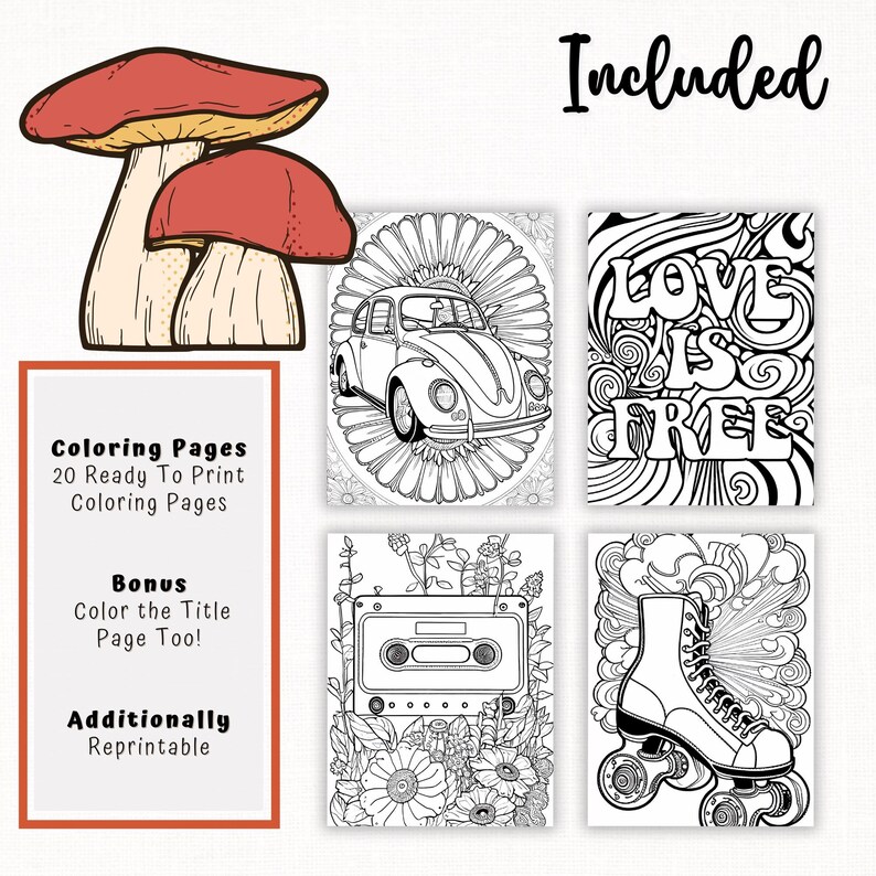 Retro Themed Coloring Pages Printable 1970s Designs for Adults, Teens ...