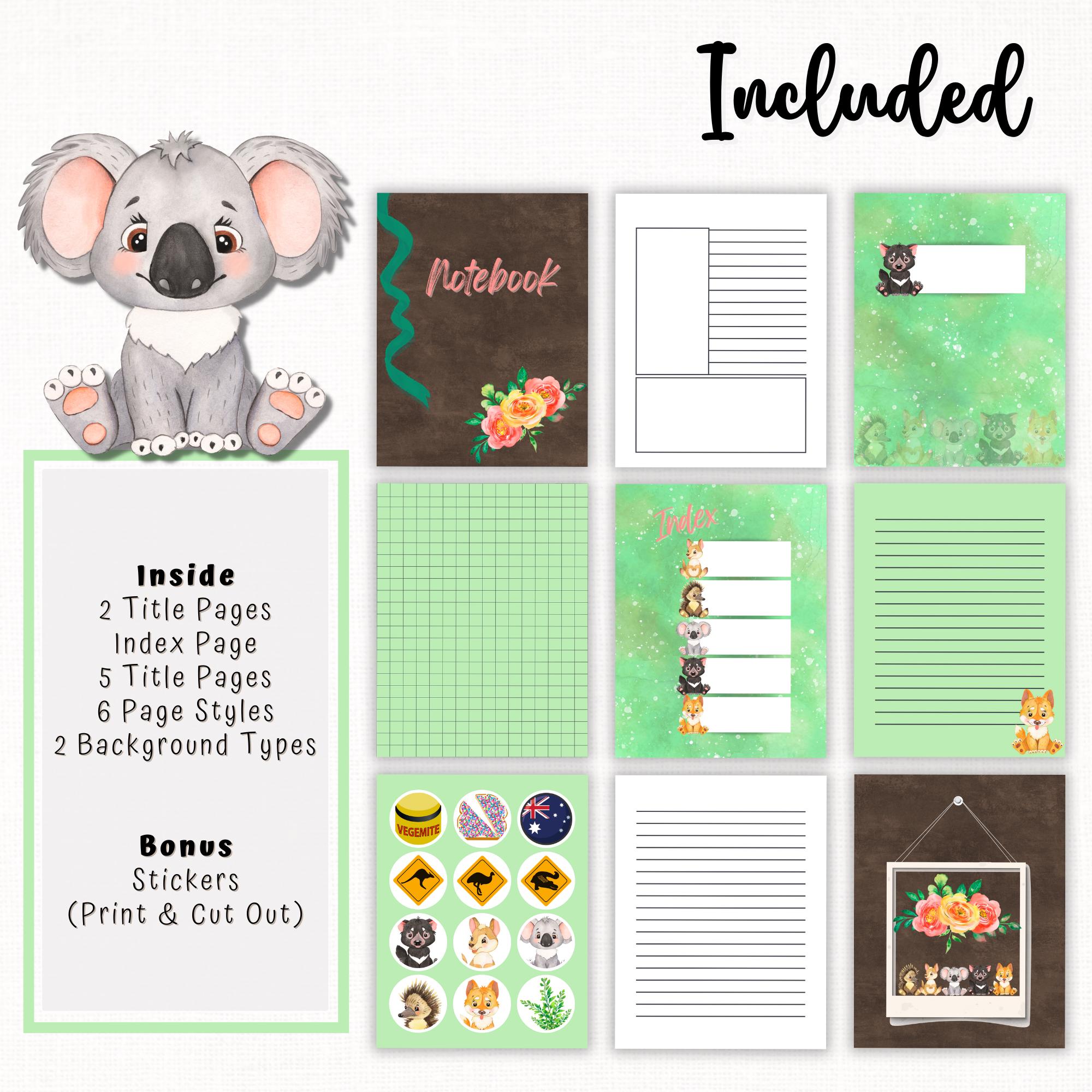 Printable Notebook | Aussie Animal Theme | 5 Sections + 6 Paper Styles ...