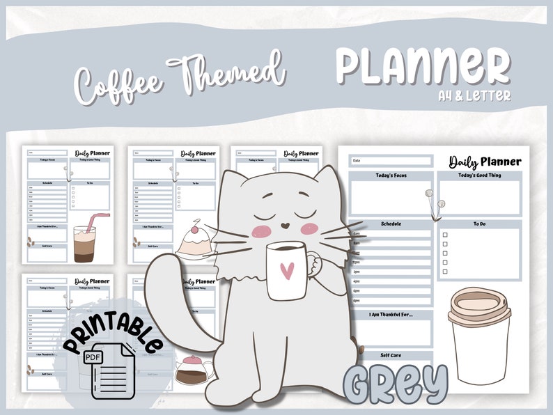 GREY Printable Planner Cute Coffee Theme Daily Pages 30 Cute Coffee ...