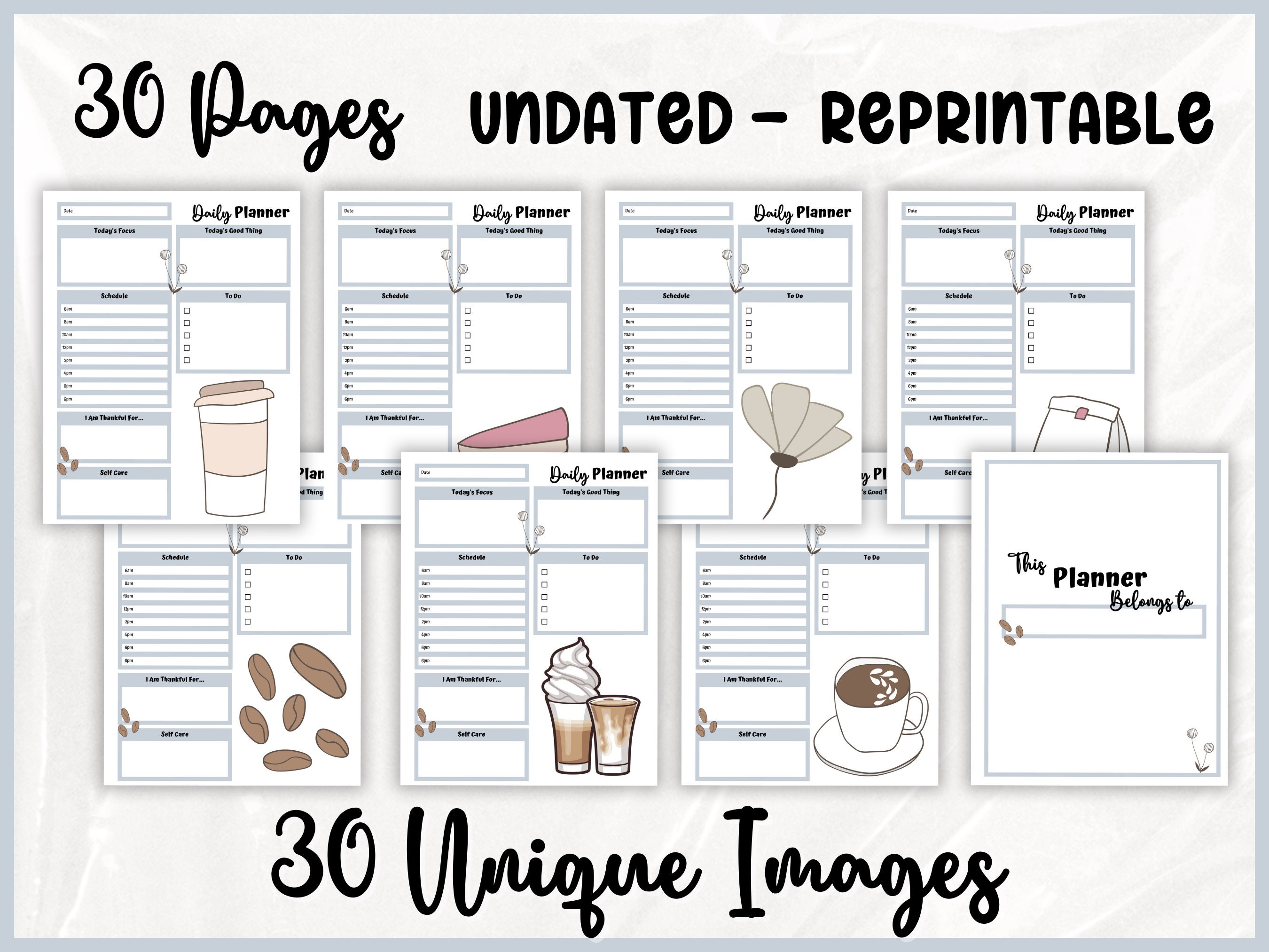 GREY Printable Planner Cute Coffee Theme Daily Pages 30 Cute Coffee ...