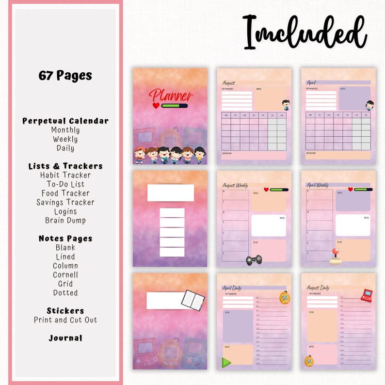 Printable Planner | Cute Gaming Theme | Monthly Weekly Daily Calendar ...