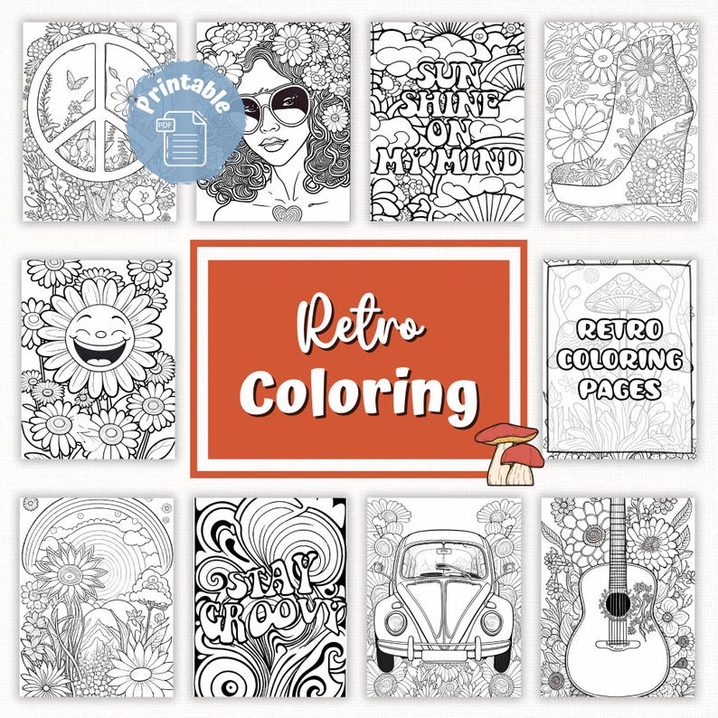 Retro Themed Coloring Pages Printable 1970s Designs for Adults, Teens ...