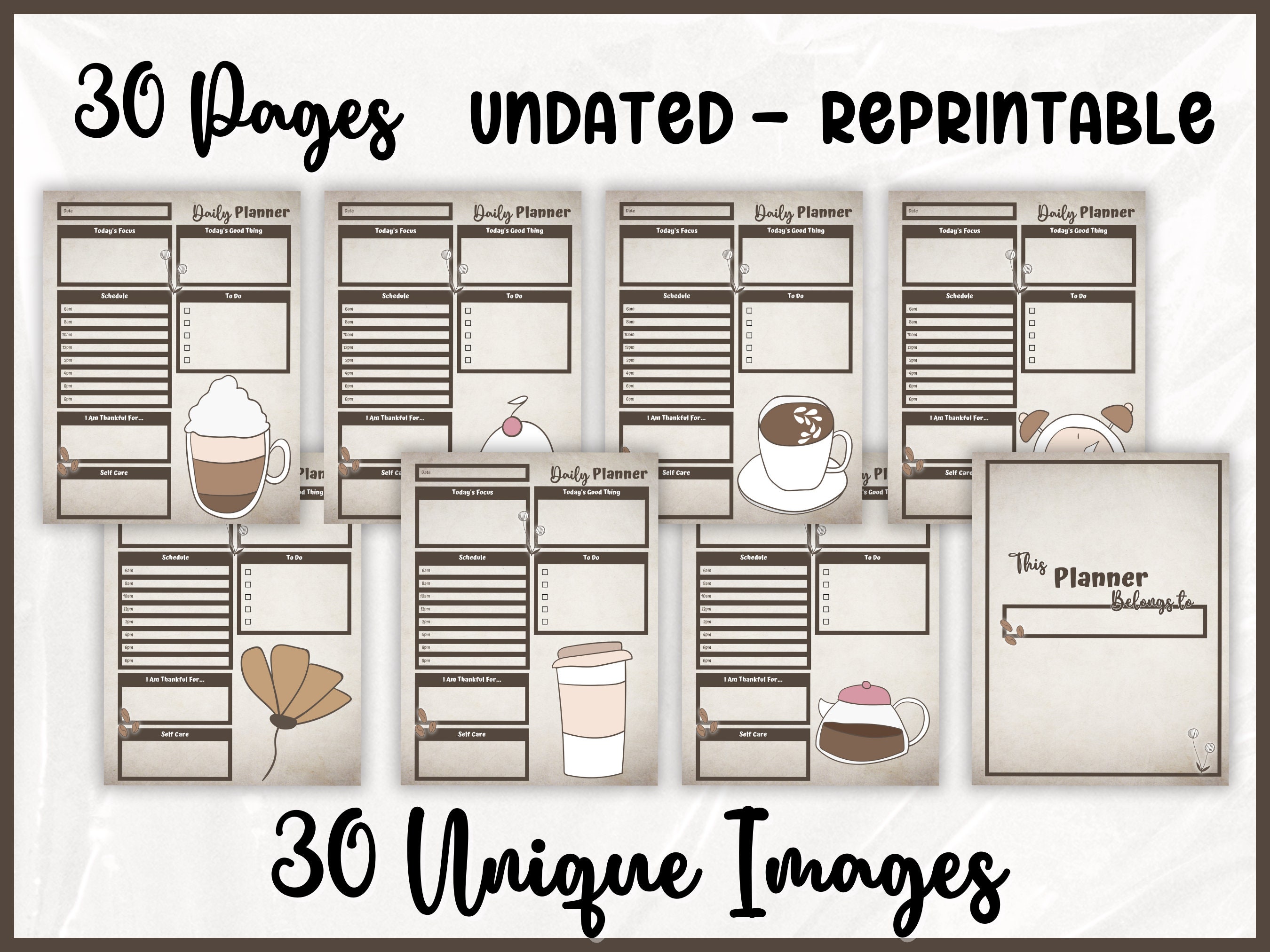 BROWN Printable Planner Cute Coffee Theme Daily Pages 30 Cute Coffee ...