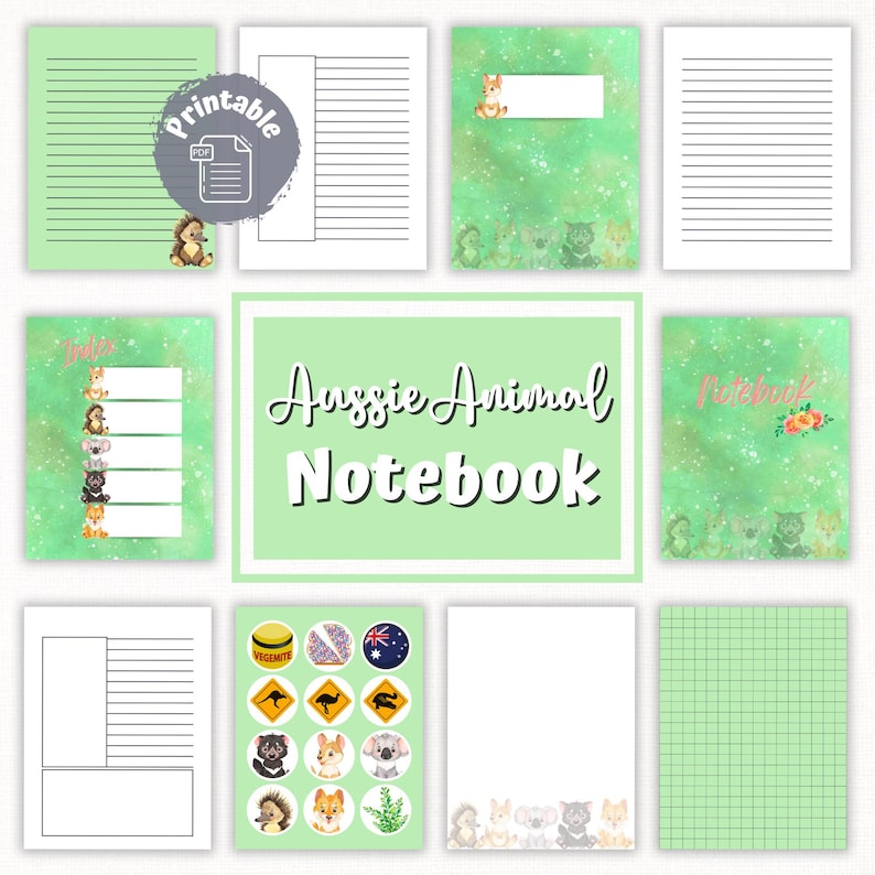 Printable Notebook | Aussie Animal Theme | 5 Sections + 6 Paper Styles ...
