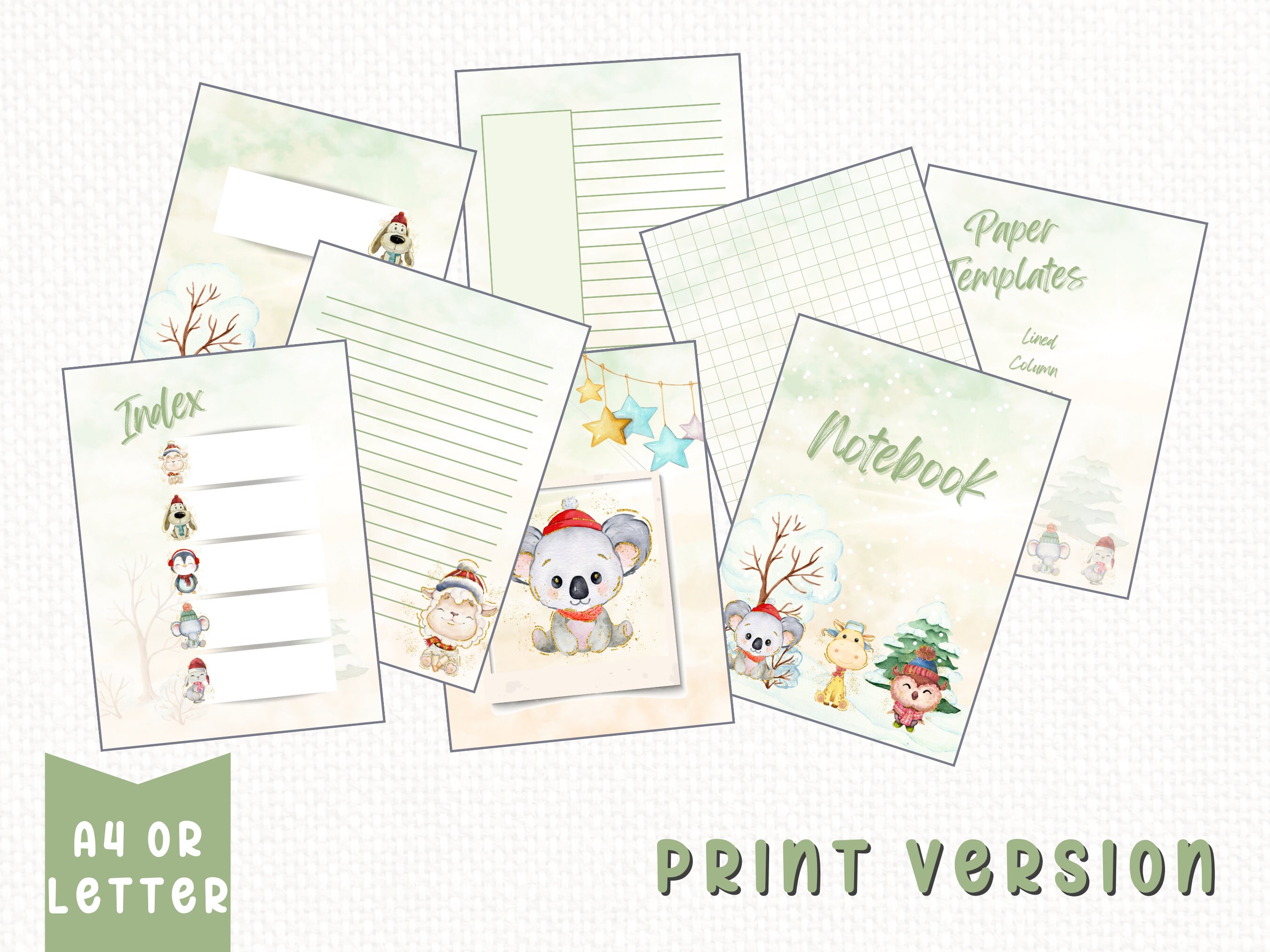 Printable Notebook Cute Winter Animals Theme 5 Sections 6 Paper Styles ...