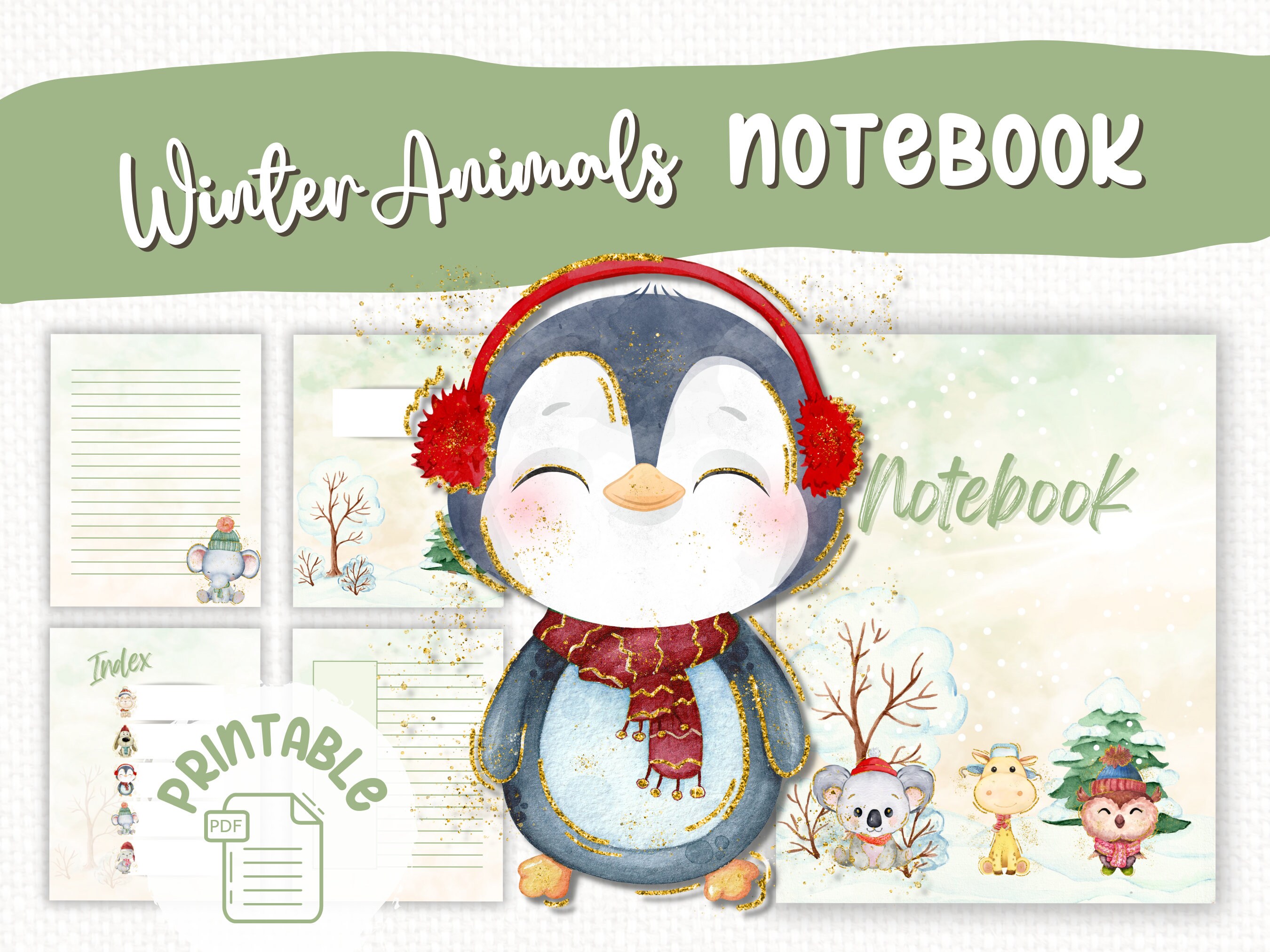Printable Notebook Cute Winter Animals Theme 5 Sections 6 Paper Styles ...