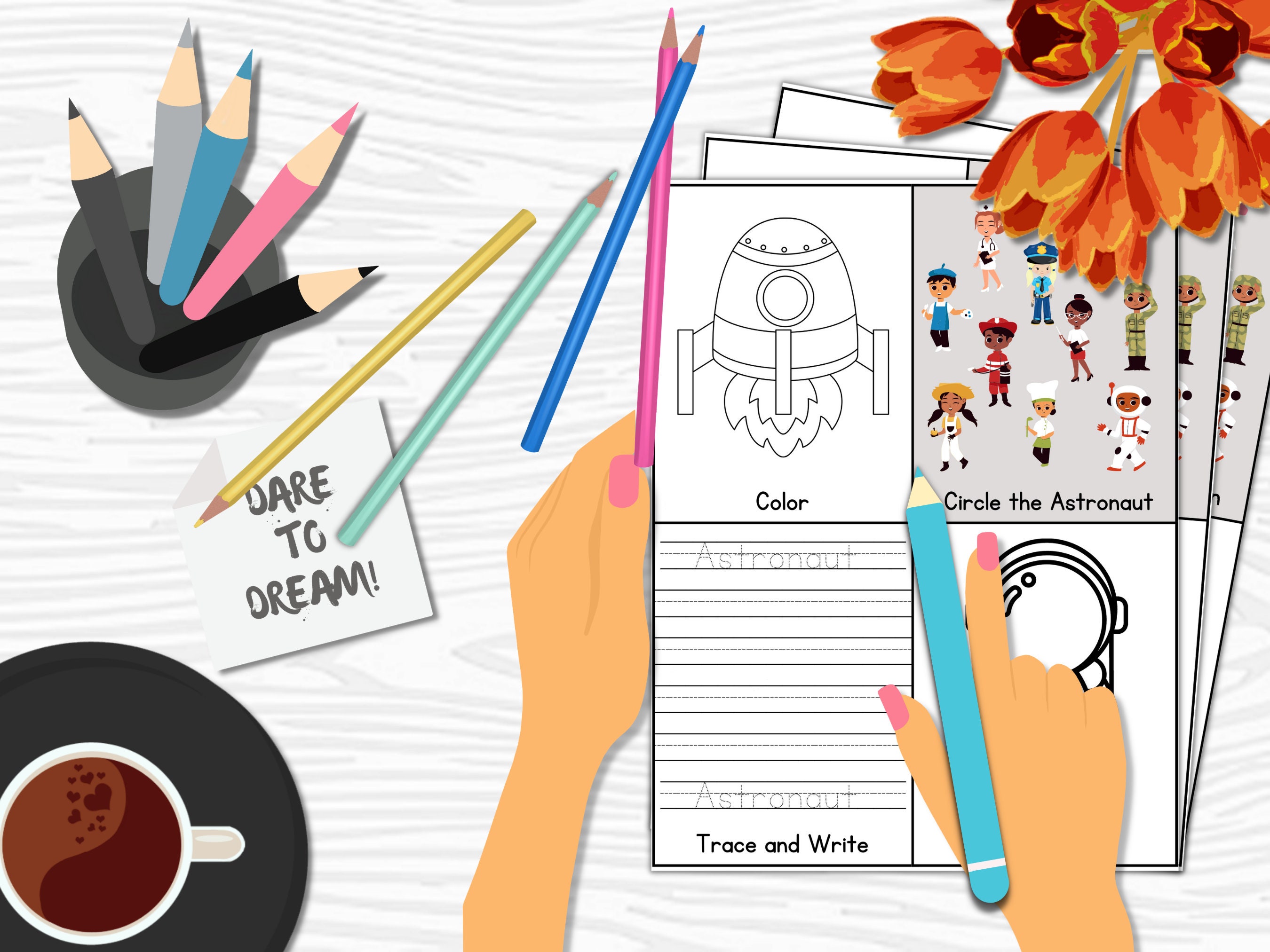 Coloring Activities for Kids Job Edition Color Trace and Write Circle ...