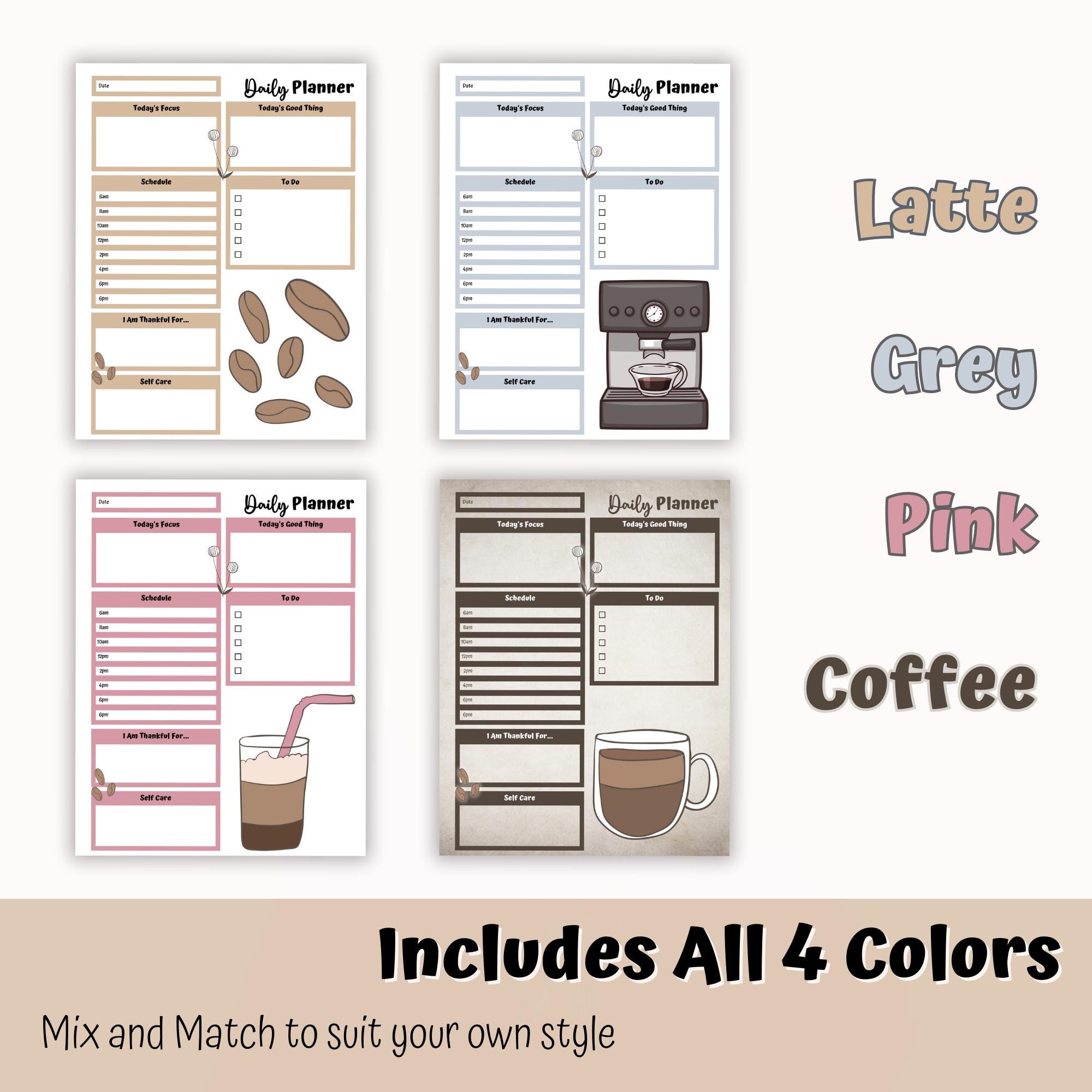Printable Planner Cute Coffee Theme 4 Colors Included 30 Daily Pages ...