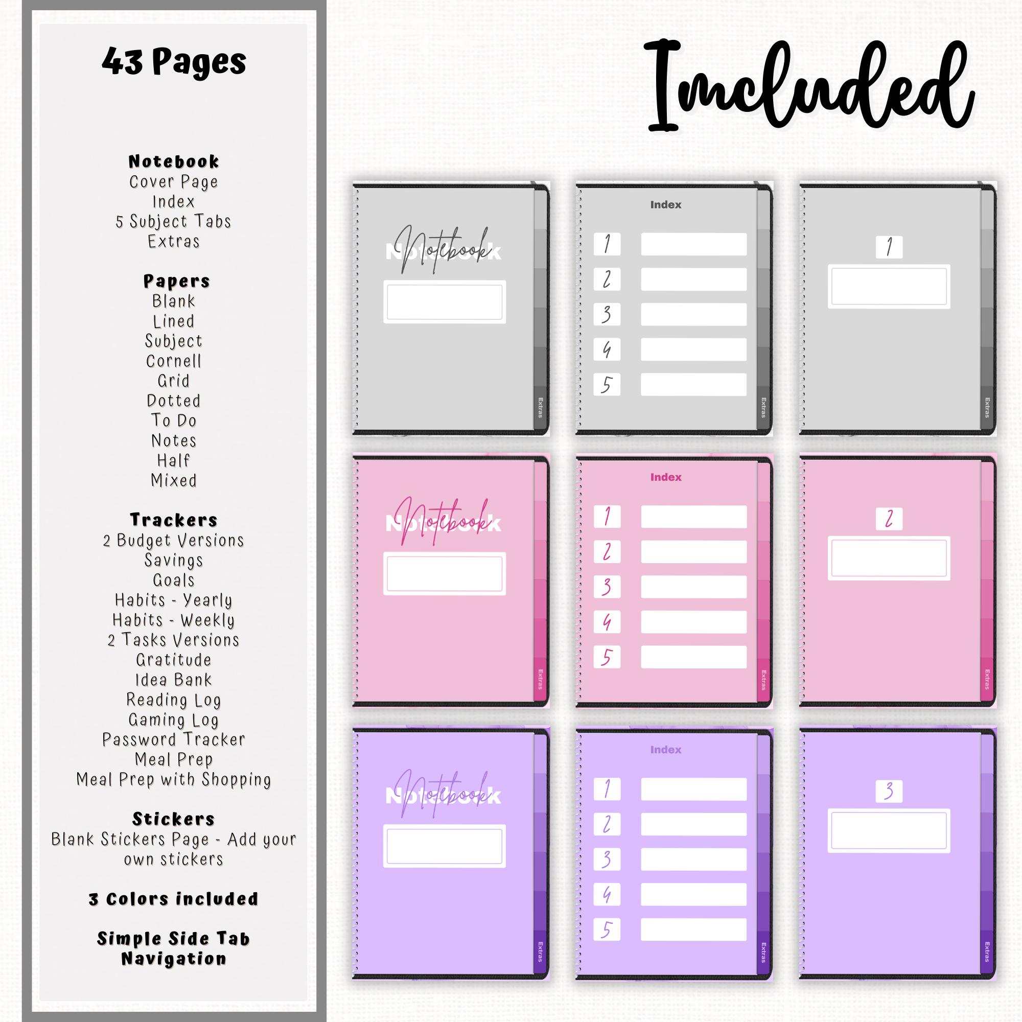 GOODNOTES Subject Notebook | 3 Colors: Purple, Pink and Grey | 5 Tabs ...