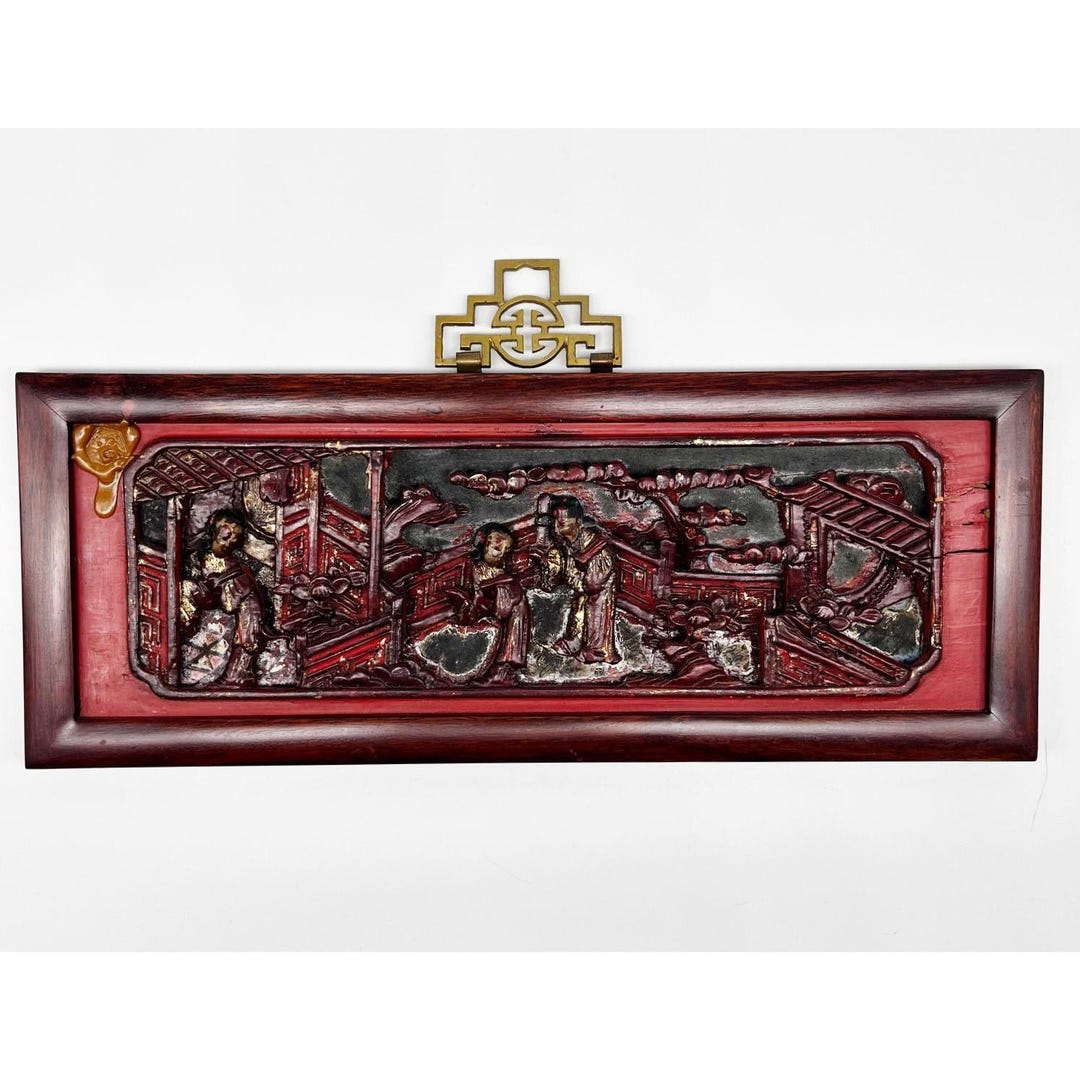 Antique Chinese Hand-carved Wood Gilt Plaque With Artist Wax Seal Wall ...