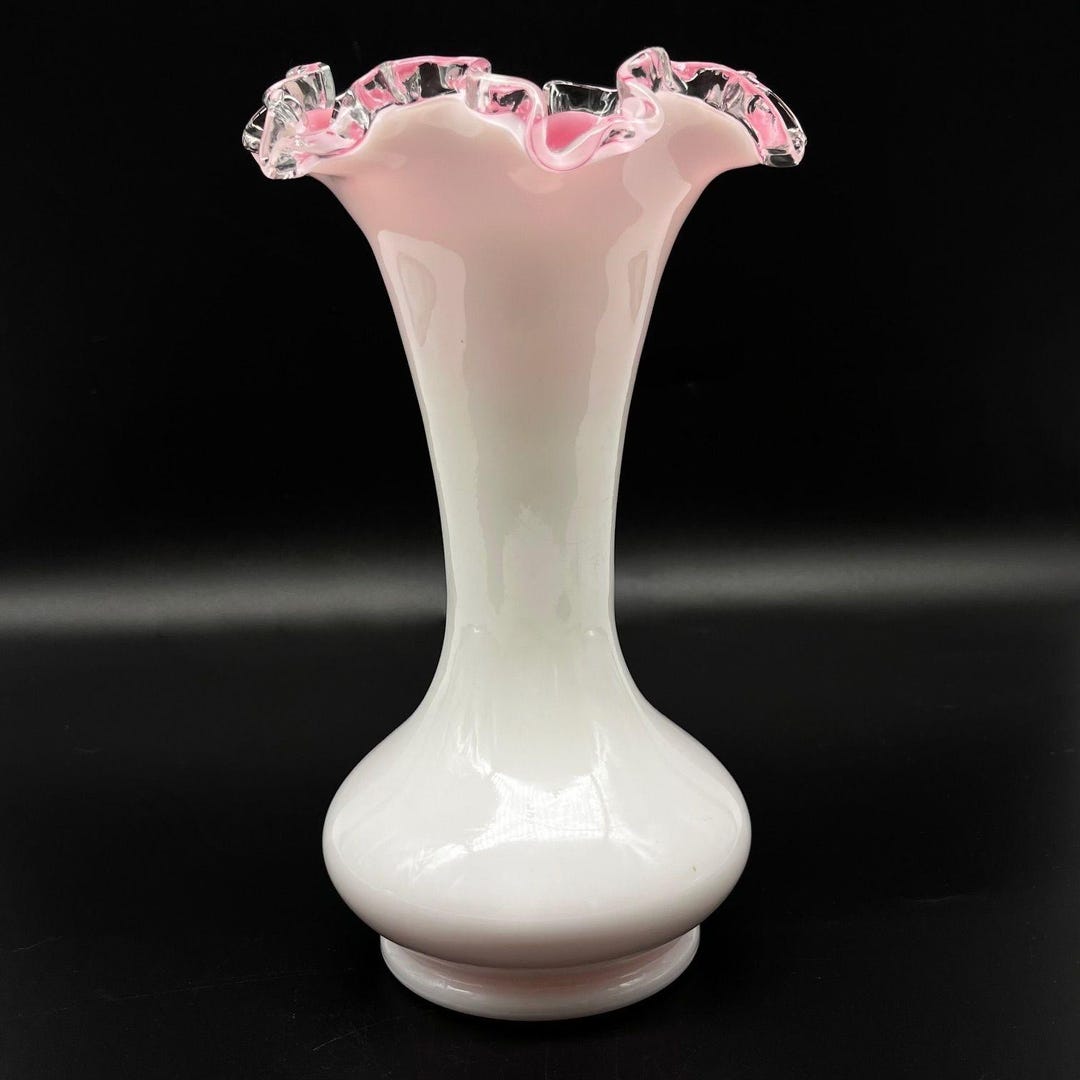 Lovely Fenton Silver Crest Pink White Cased Glass 8" Vase W/ Clear ...