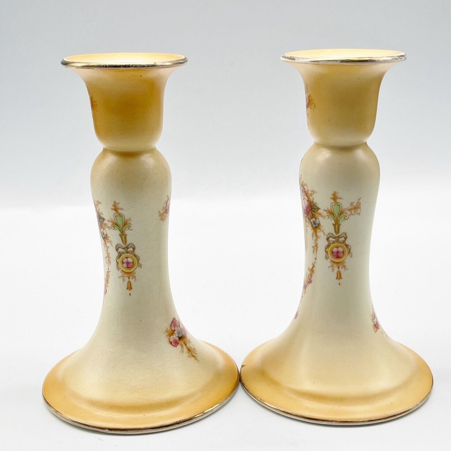 Antique Pair Crown Devon England Blush Ware Peach Floral 6.5" Candle ...