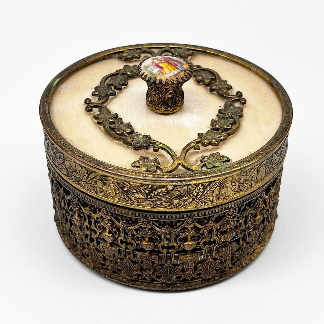 Antique Ornate Brass & Enamel Victorian Style Vanity Powder Box With ...