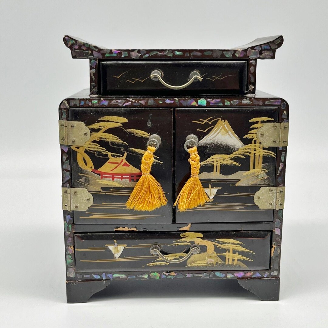 Unique Vintage A&C Japanese Lacquered Jewelry Box Drawers Tassel ...