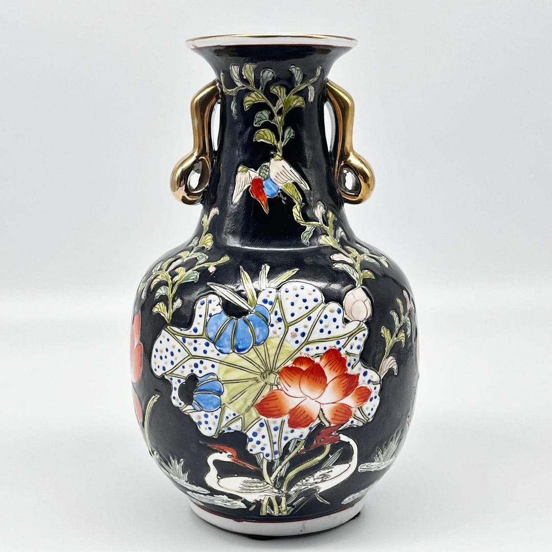 Vintage Chinese Signed Hand-painted Floral 9" Vase With Birds and Gold ...