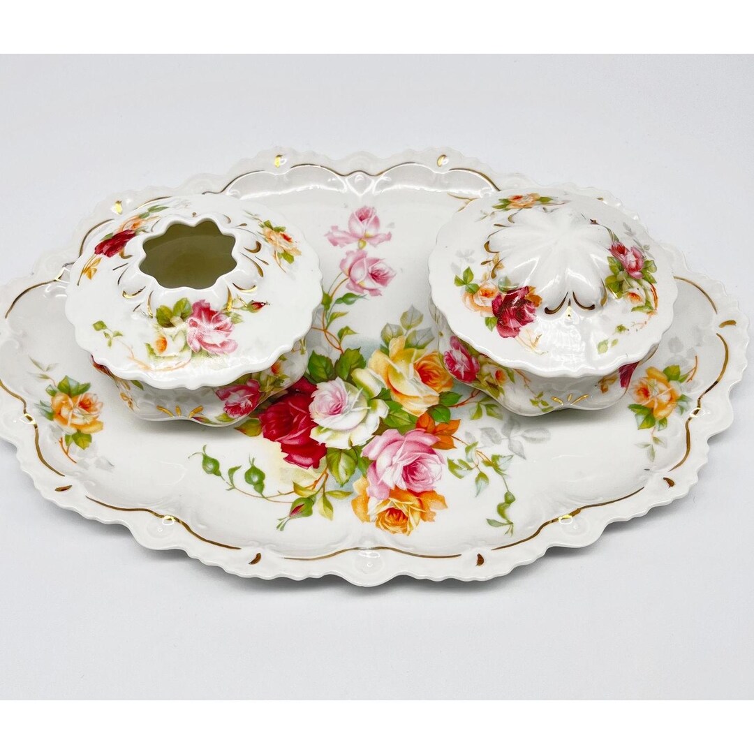 Antique MZ Austrian Porcelain 3 Piece Vanity Set W/tray/hair Receiver ...