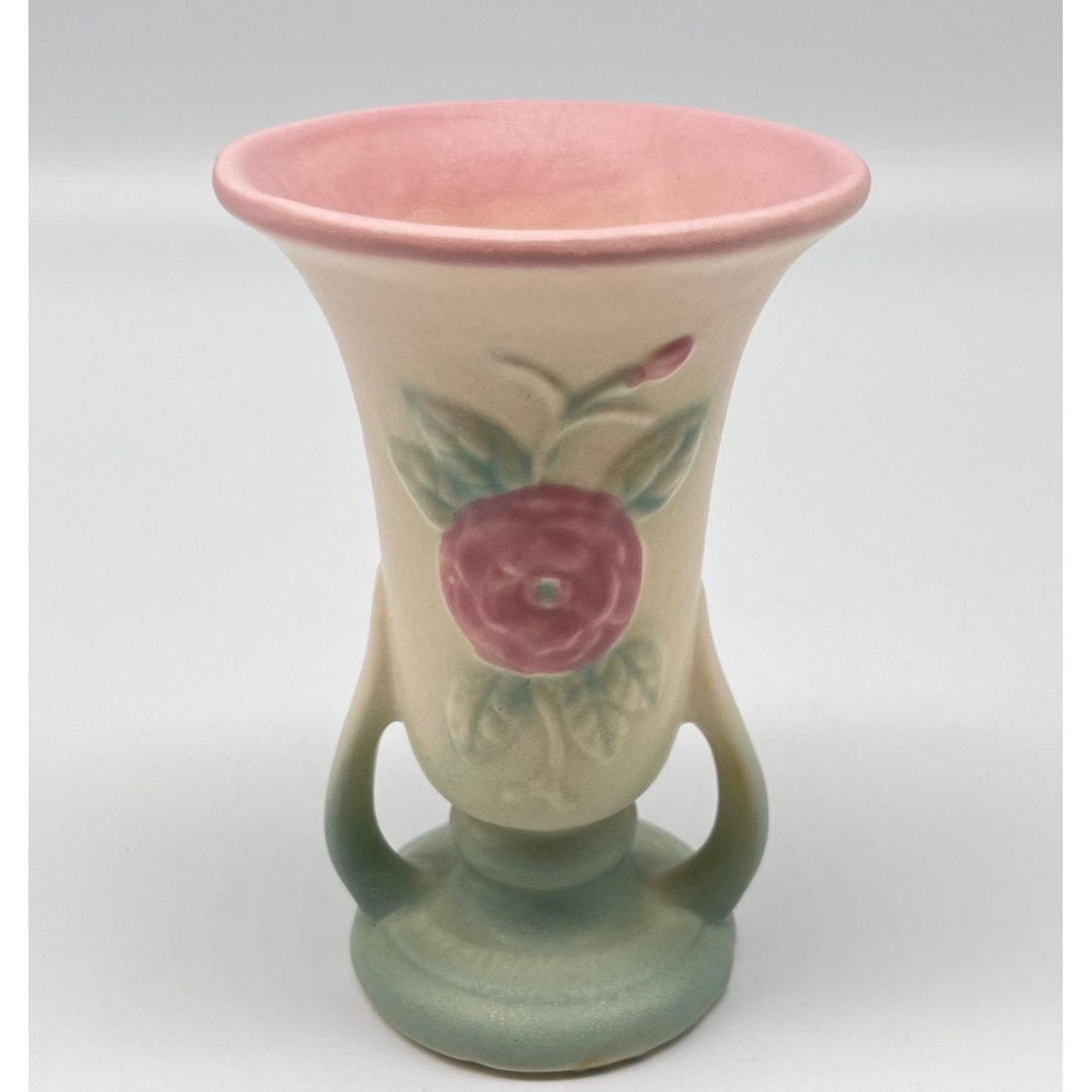 Hull Art Pottery Vase #130 1940s Rose Pink & Blue Floral Design 5 1/8 ...