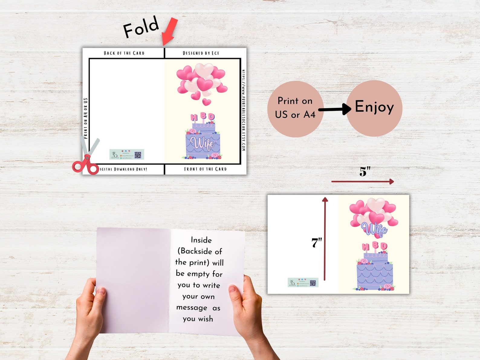 Wife Happy Birthday Card Printable Digital Handmade Cute Romantic HBD ...