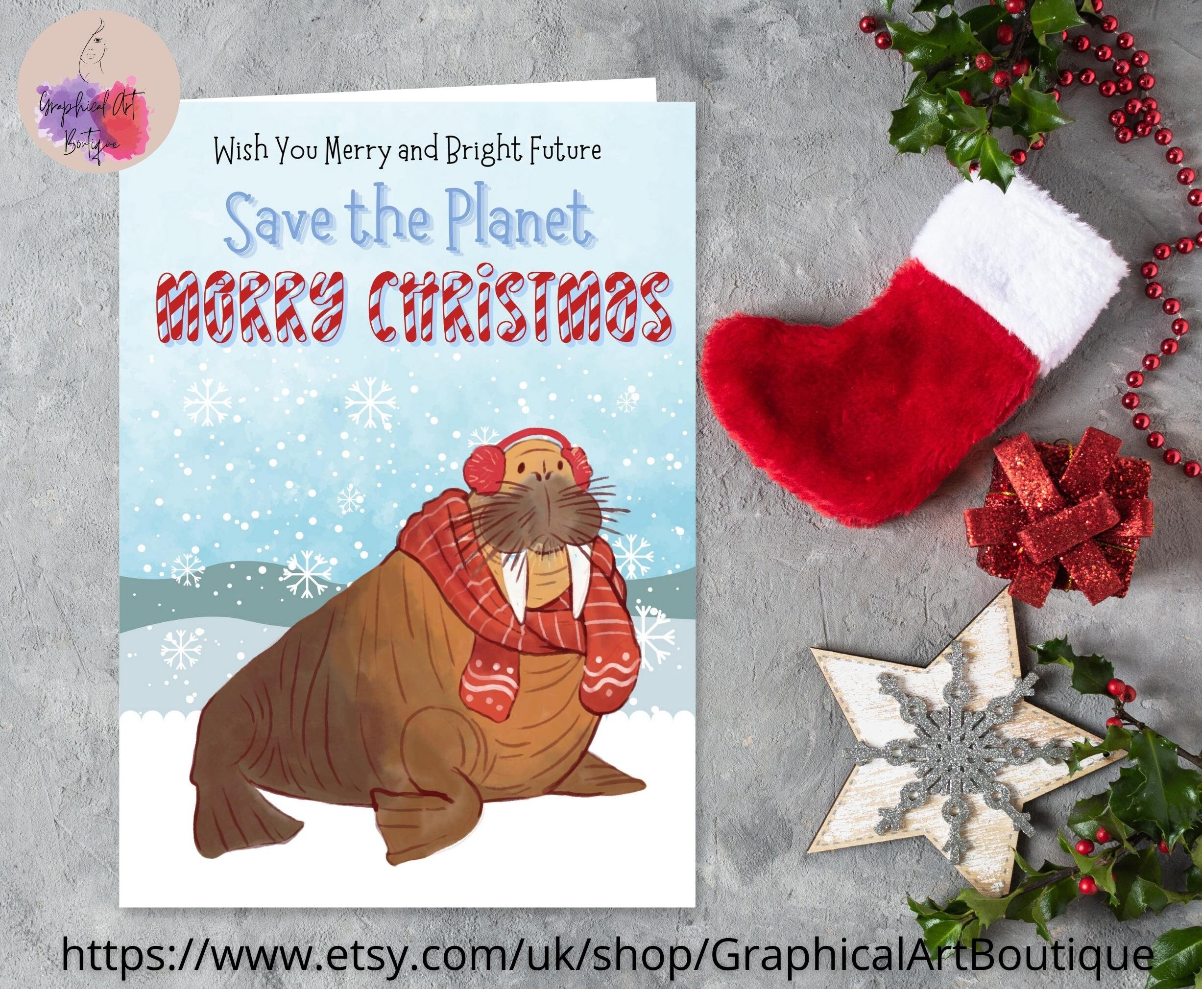 Printable Walrus Christmas Card, Save the Planet Card, Save the Ocean ...