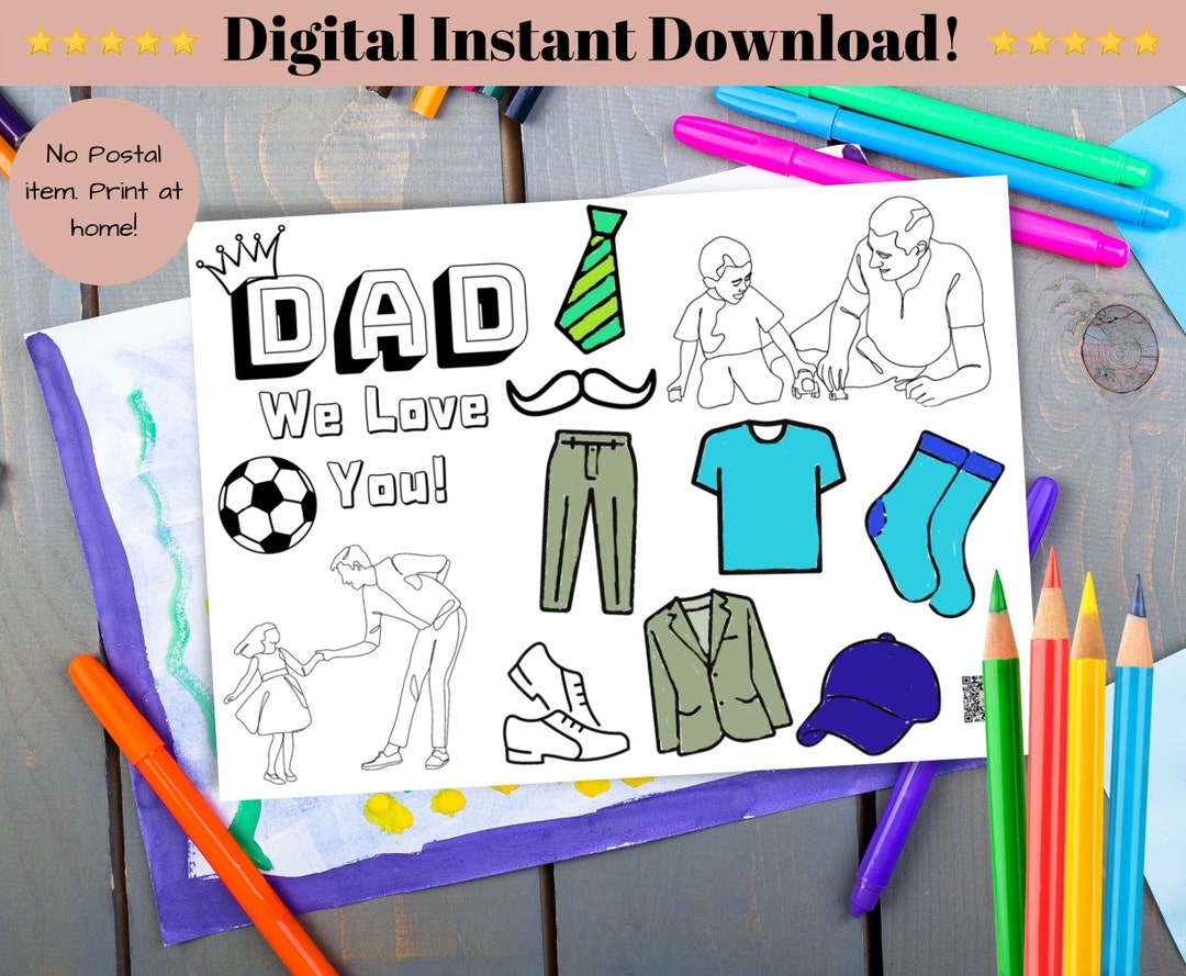 Printable Digital Coloring Daddy Card for Fathers Day, Birthday From ...