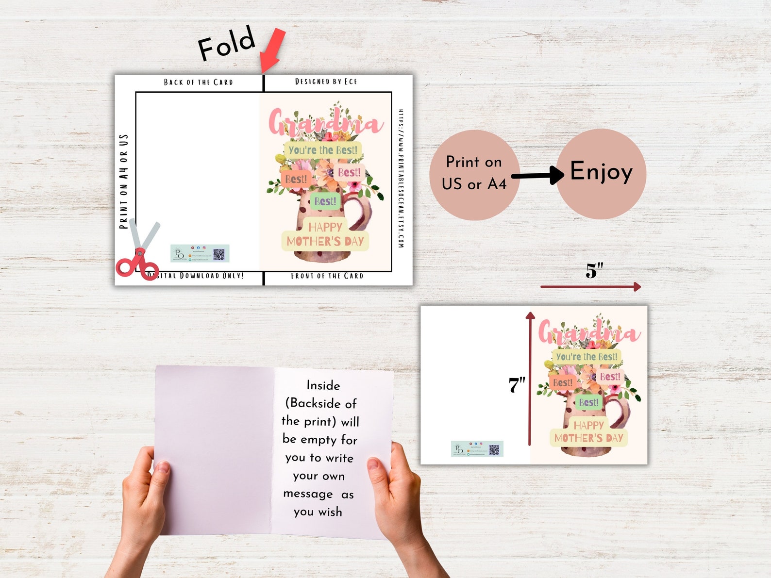 Printable Grandma Mother's Day Floral Card 5x7 Inches Last Minute Gift ...