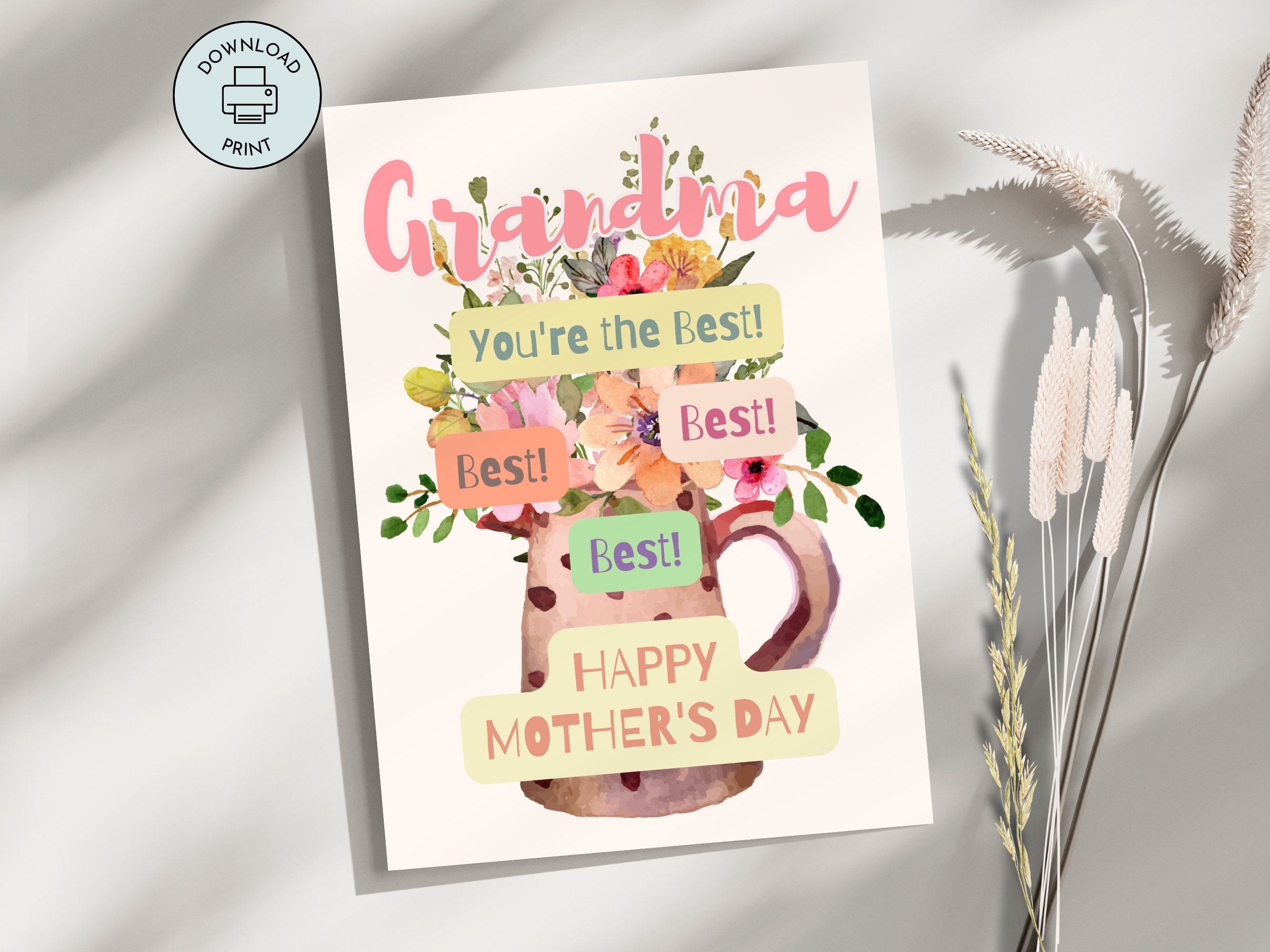 Printable Grandma Mother's Day Floral Card 5x7 Inches Last Minute Gift ...