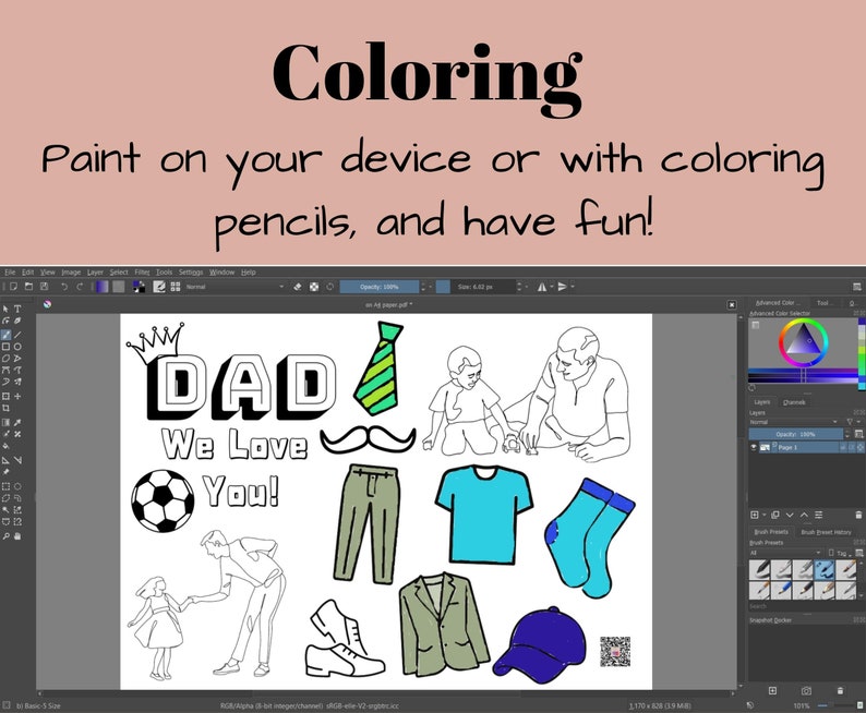 Printable Digital Coloring Daddy Card for Fathers Day, Birthday From ...