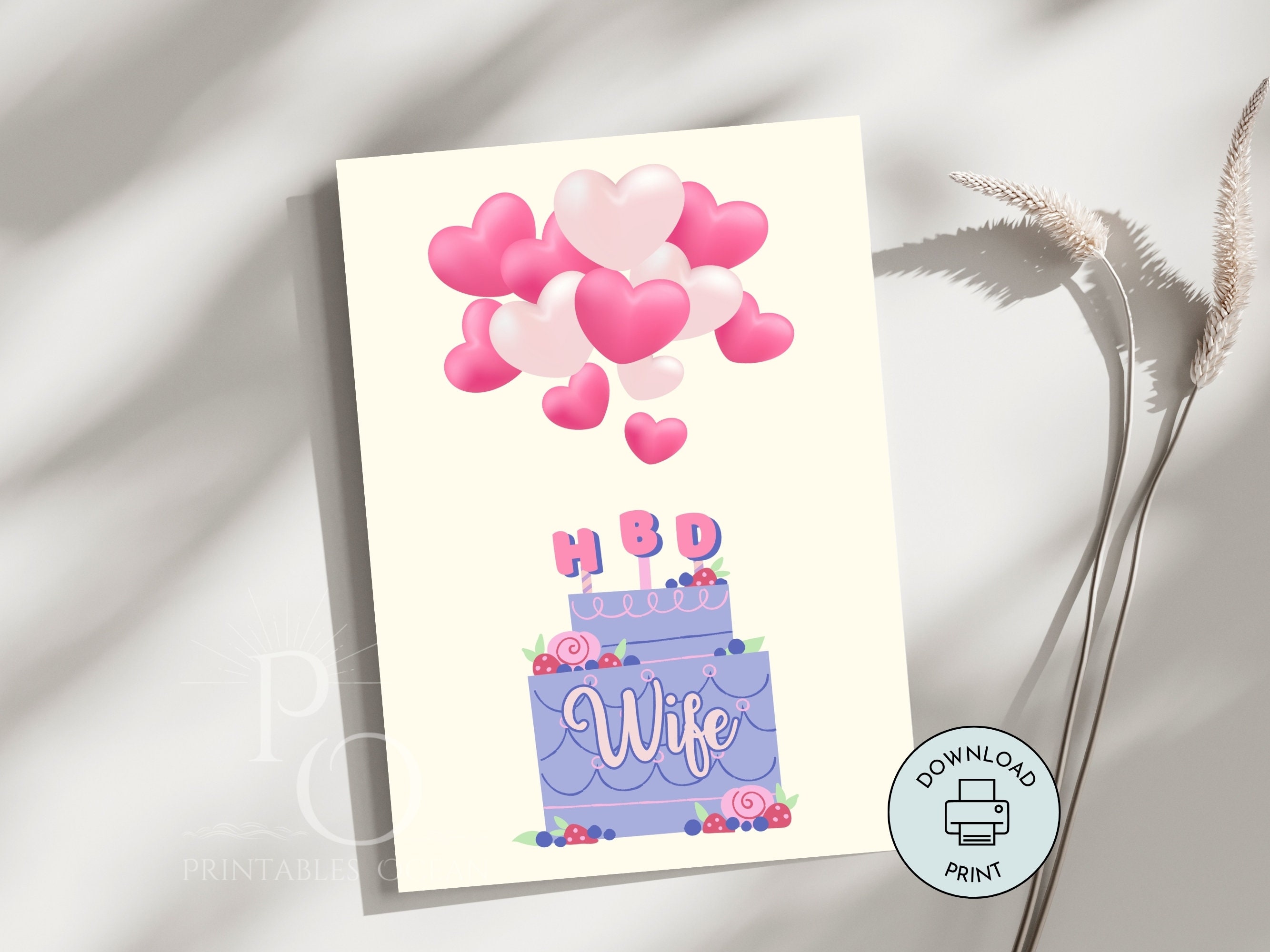 Wife Happy Birthday Card Printable Digital Handmade Cute Romantic HBD Card Last Minute Instant ...