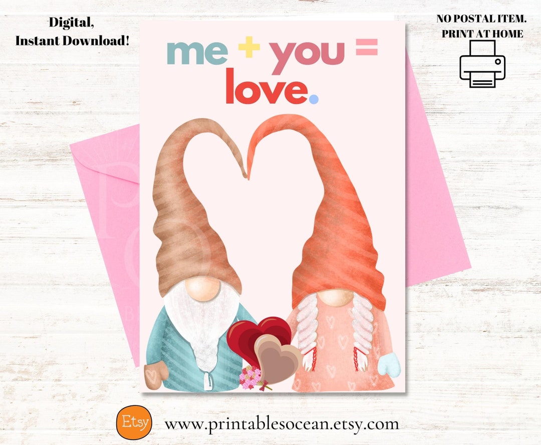 Gnome Valentines Card Printable, Valentine's Day Gnome Card, Valentines ...