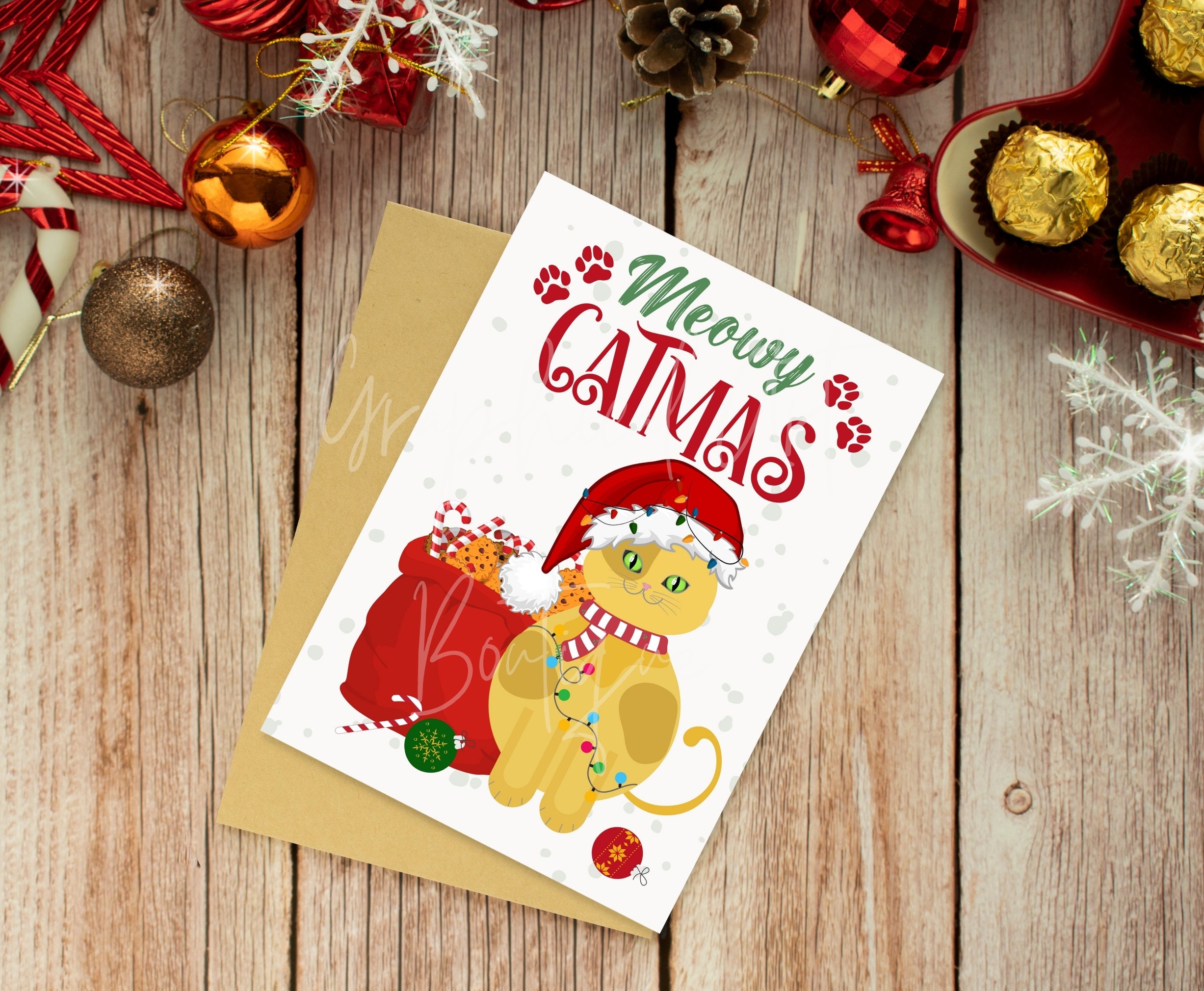 Cat Christmas Card Printable, Meowy Catmas Christmas Card, Funny Santa ...