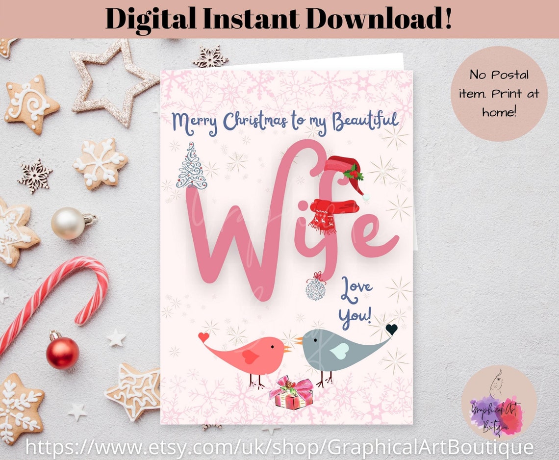 Printable Christmas Card for Wife, Merry Christmas Wife Card, Xmas Card ...