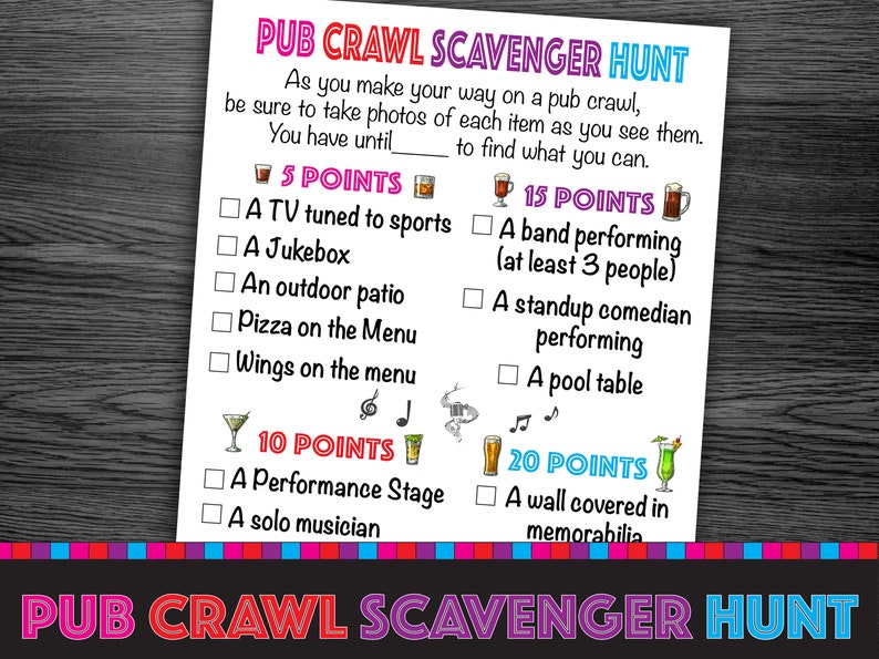 Bar Scavenger Hunt | Pub Crawl Scavenger Hunt | Bar Crawl Scavenger ...