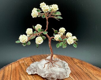 Yellow Rose Copper Wire Tree Sculpture, Handmade Mini Dwarf Bonsai ...
