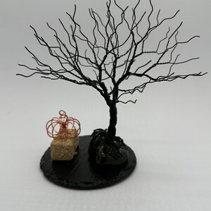 Black Wire Tree Sculpture and Copper Wire Pumpkin on Hay Bale, Slate ...