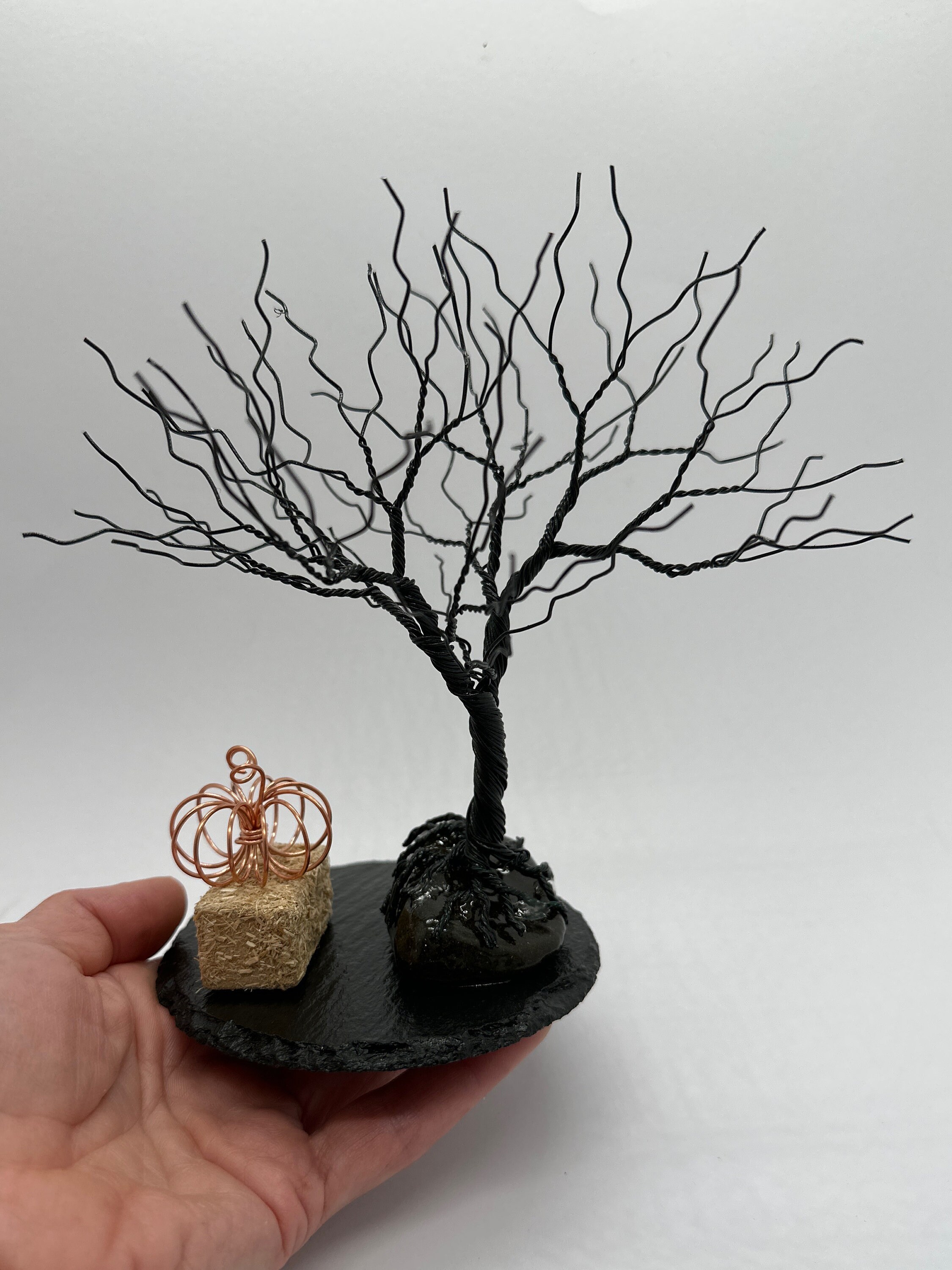 Black Wire Tree Sculpture and Copper Wire Pumpkin on Hay Bale - Etsy