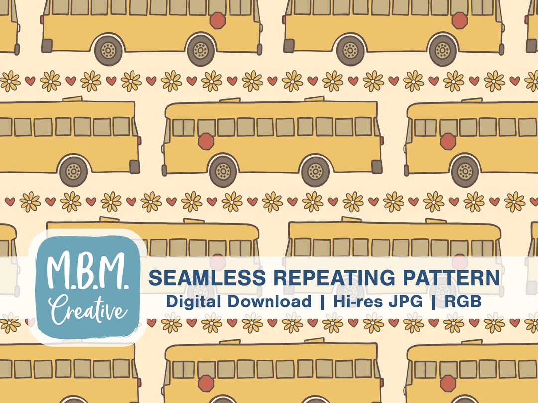 School Buses and Flowers Seamless Repeat Pattern for Commercial Use ...