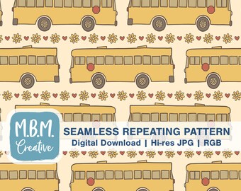 Cute School Bus Seamless Pattern, Flowers Leaves and Buses Repeat ...