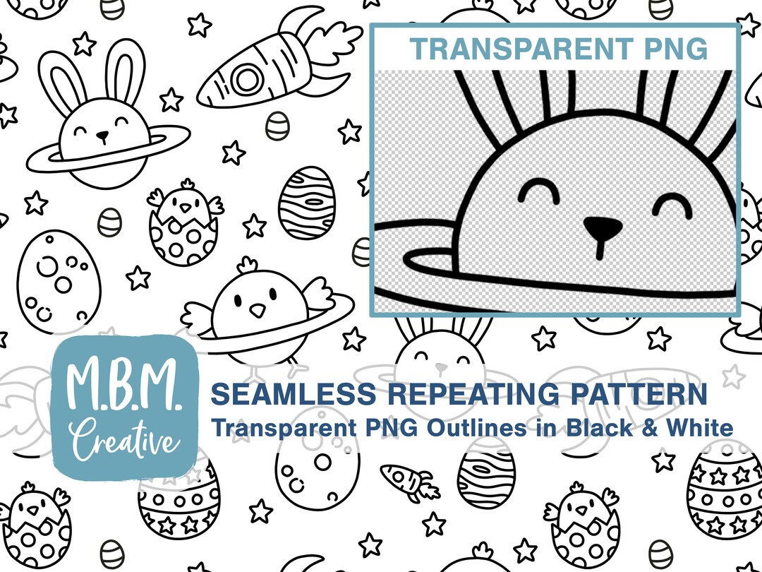 Easter in Outer Space Outlines With Transparent Background PNG Seamless ...