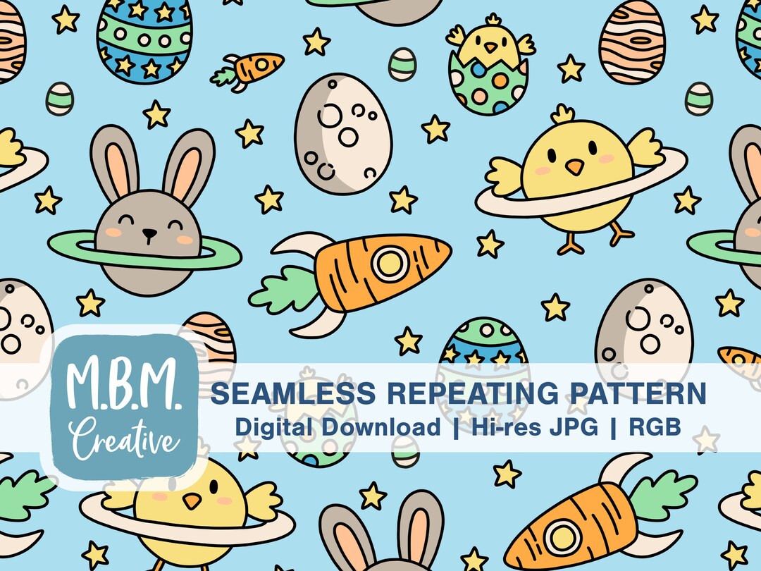 Easter in Outer Space Seamless Repeat Pattern on Blue for Commercial ...